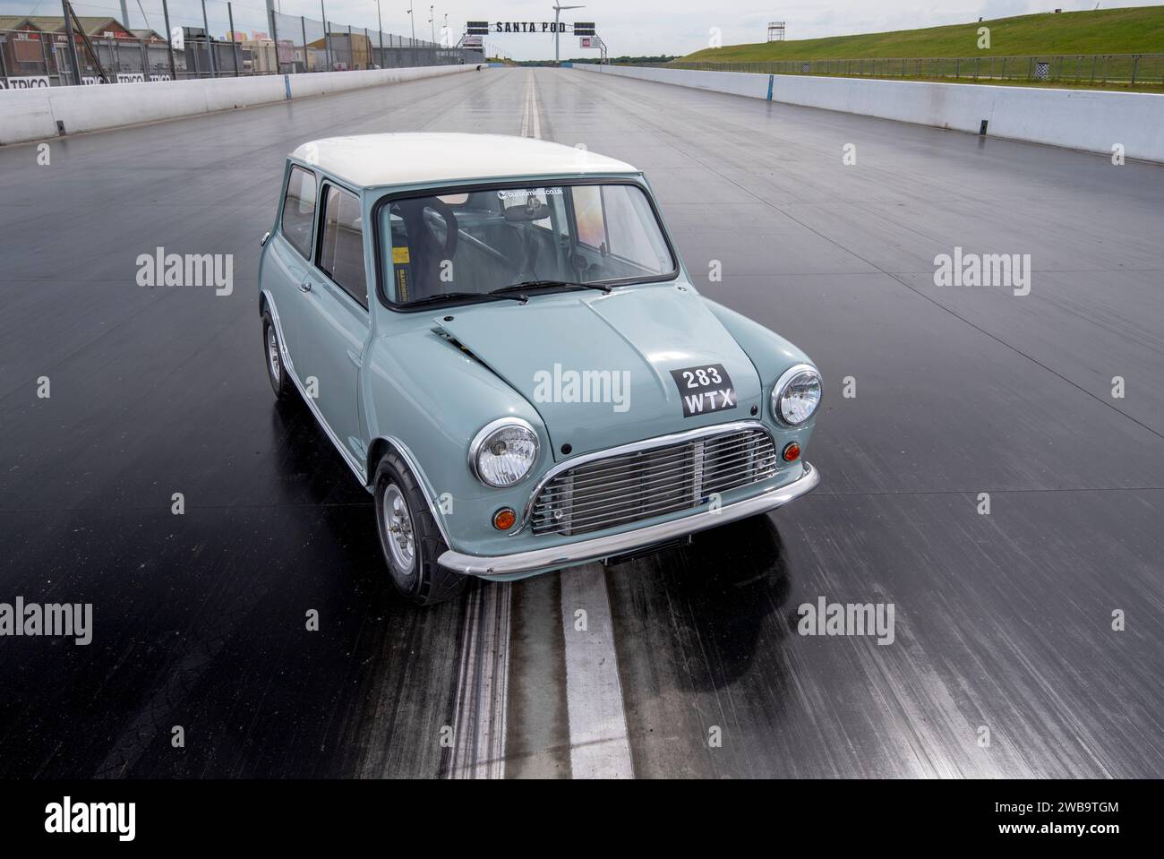 Mk1 Mini classic car set up for drag racing, on the strip at Santa Pod ...
