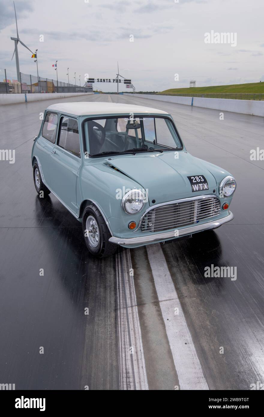 Mk1 Mini classic car set up for drag racing, on the strip at Santa Pod ...