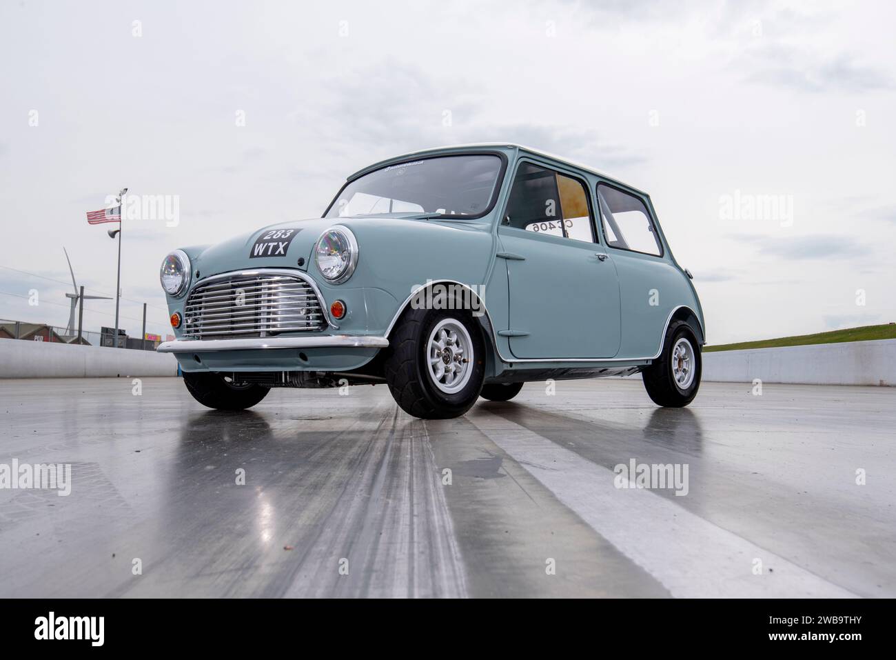 Mk1 Mini classic car set up for drag racing, on the strip at Santa Pod ...