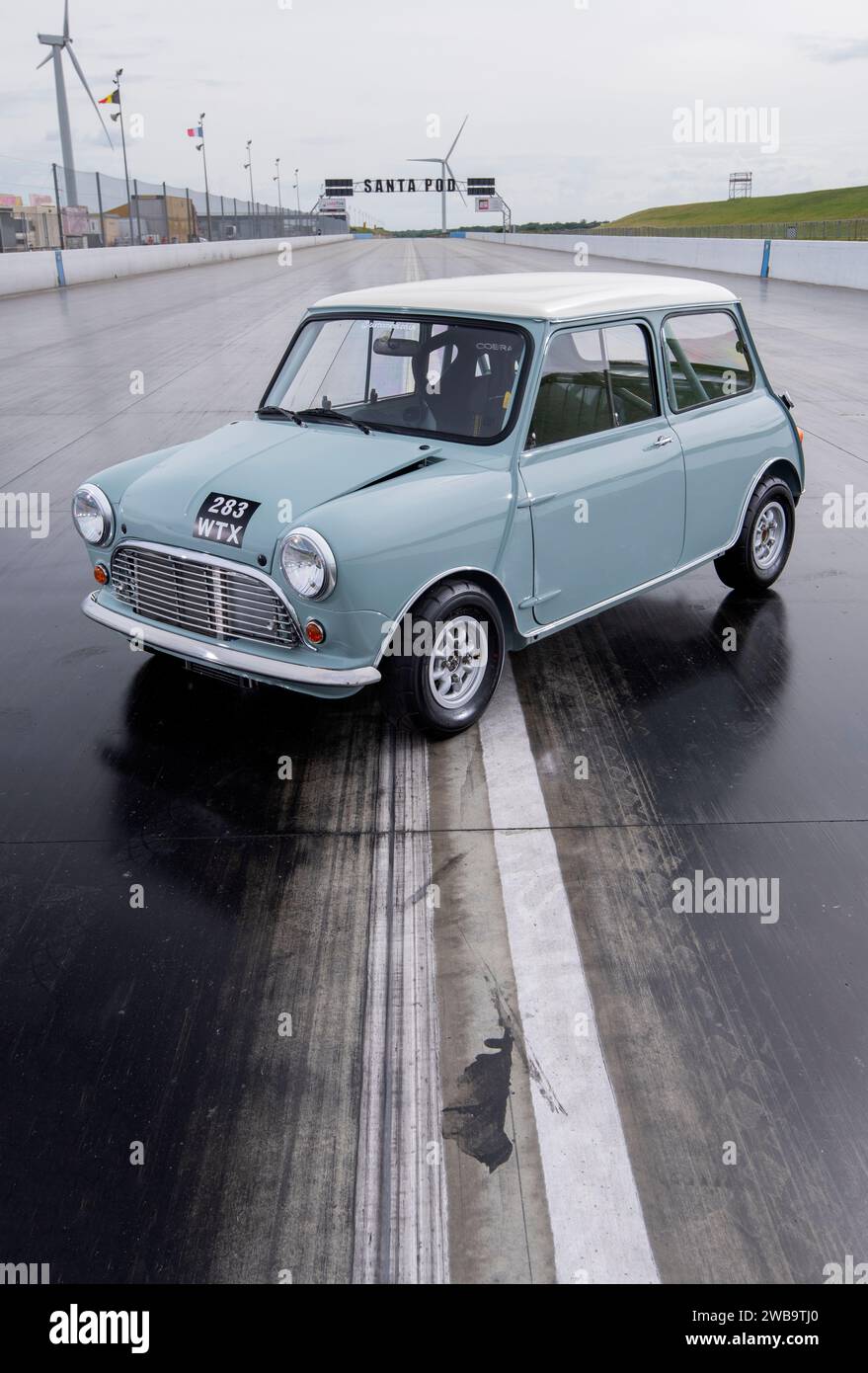 Mk1 Mini classic car set up for drag racing, on the strip at Santa Pod ...