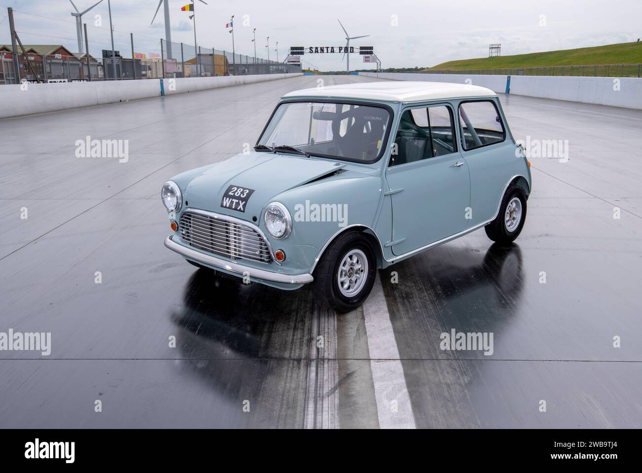 Mk1 Mini classic car set up for drag racing, on the strip at Santa Pod ...