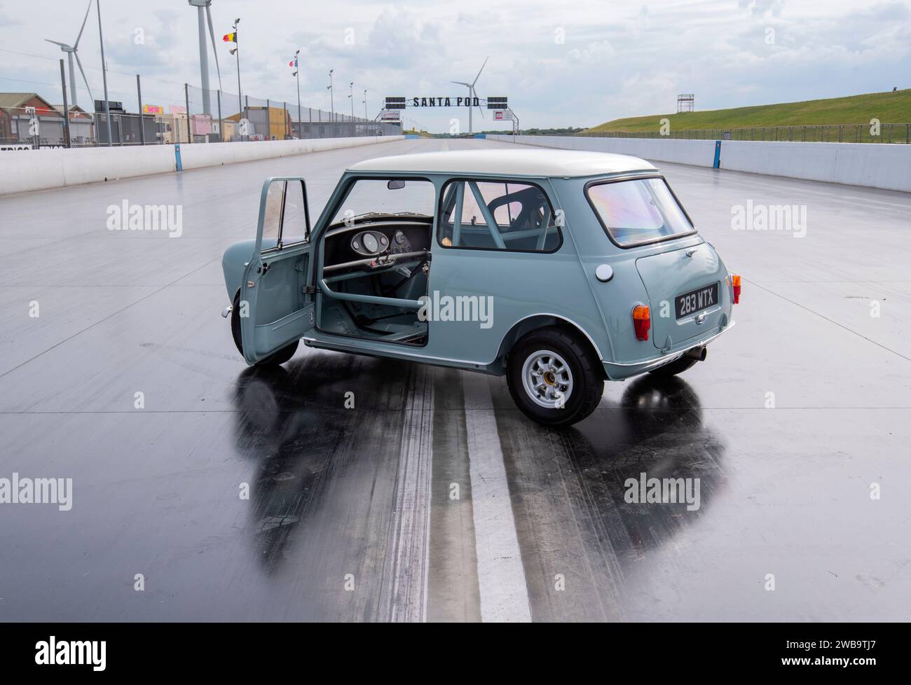 Mk1 Mini classic car set up for drag racing, on the strip at Santa Pod ...