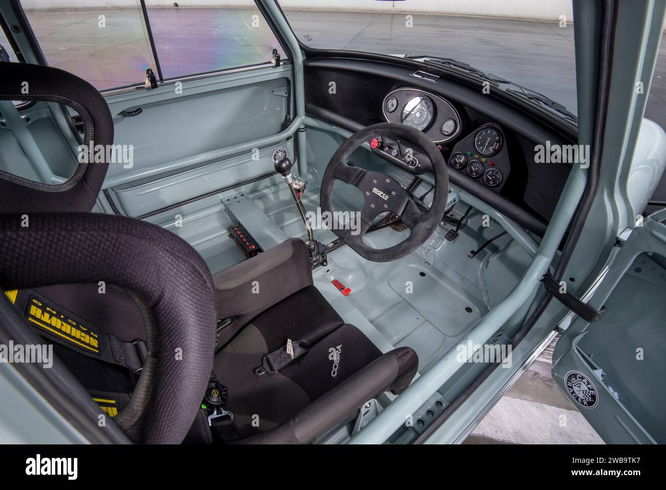 Mk1 Mini classic car set up for drag racing, on the strip at Santa Pod ...