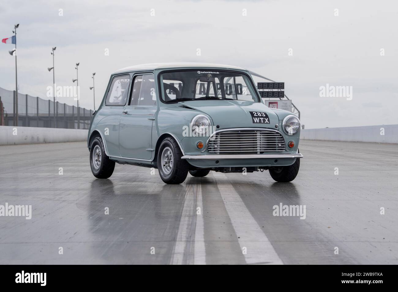Mk1 Mini classic car set up for drag racing, on the strip at Santa Pod ...