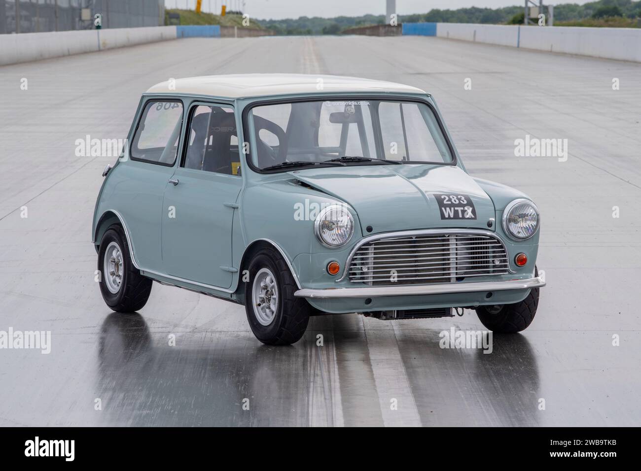 Mk1 Mini classic car set up for drag racing, on the strip at Santa Pod ...