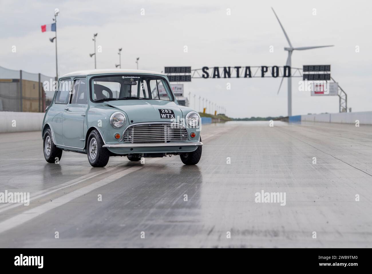 Mk1 Mini classic car set up for drag racing, on the strip at Santa Pod ...