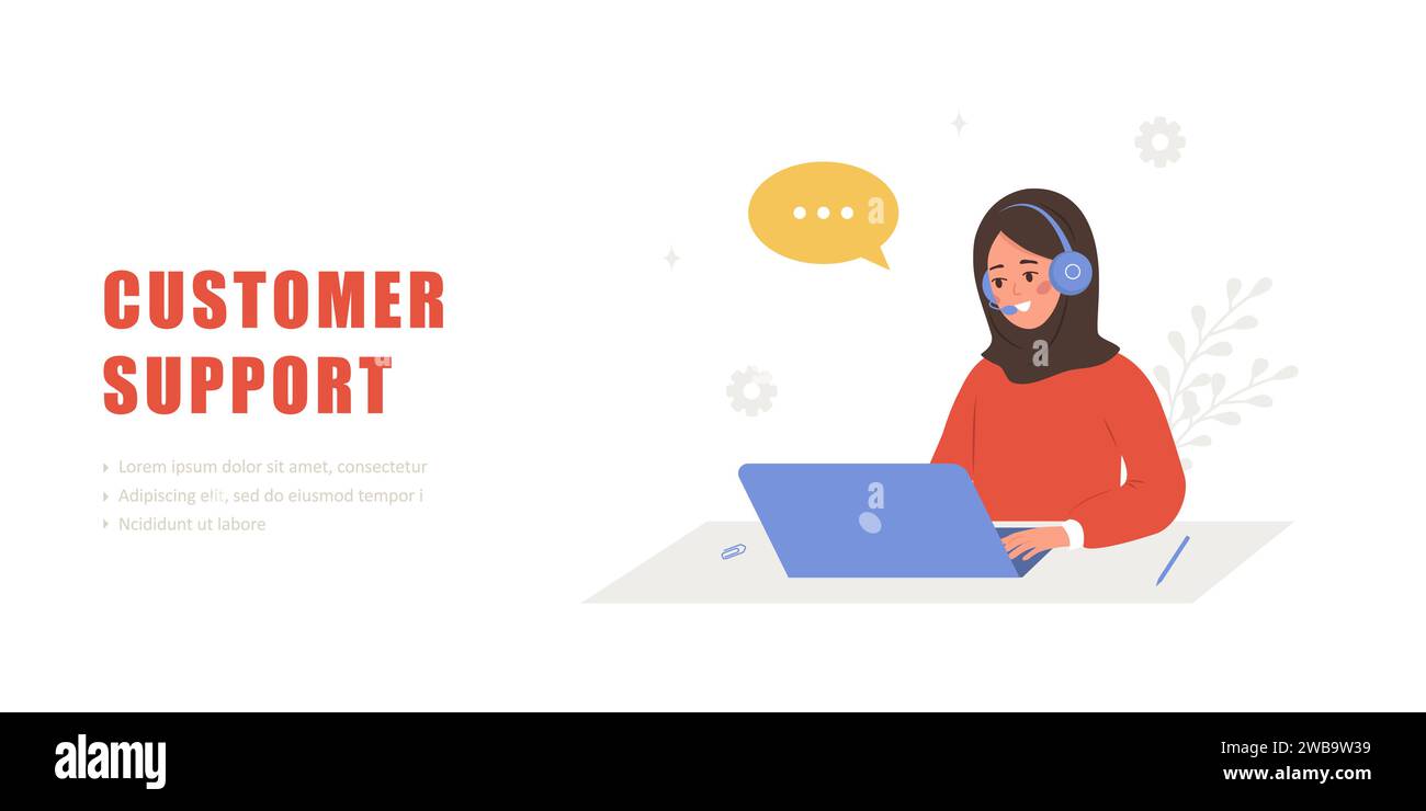 Customer support concept. Call center or hotline. Arabian woman with ...
