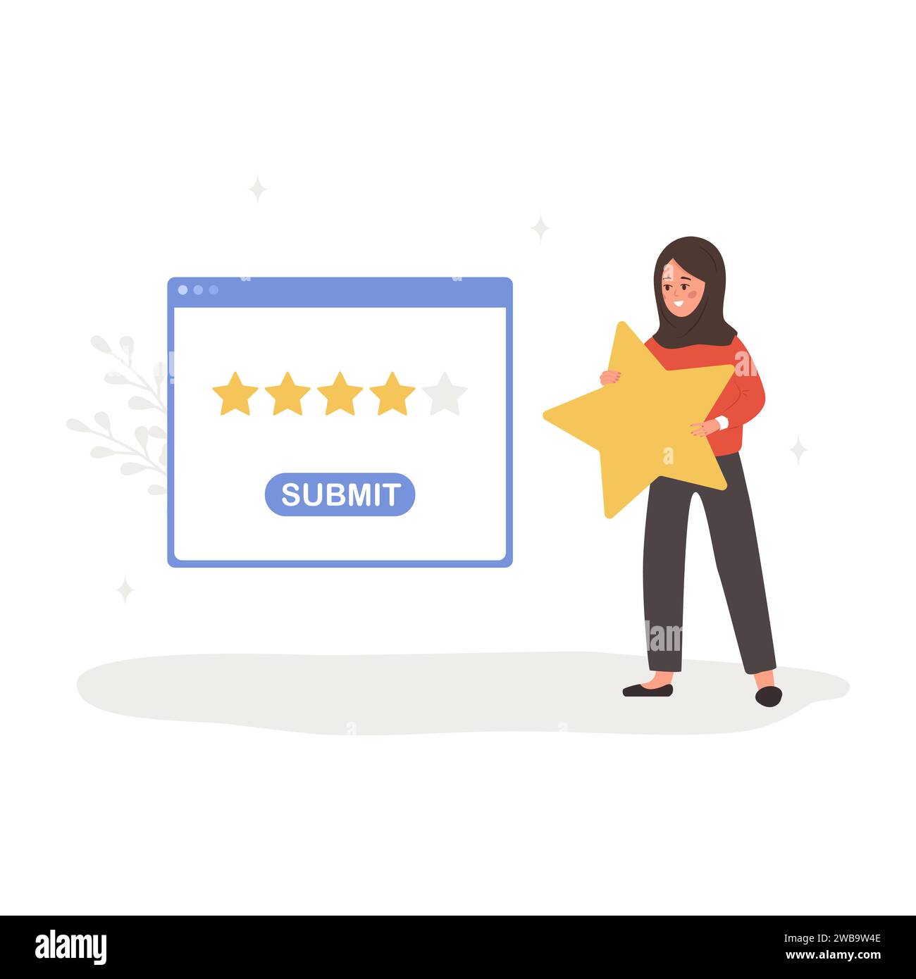 Customer review concept. Arab woman holding star and giving five stars ...