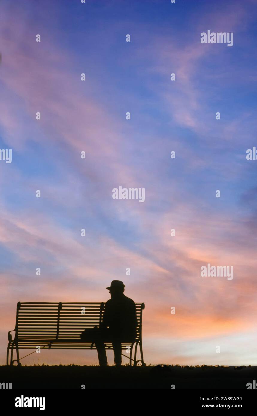 A lonely senior your man sits alone on a park bench watching beautiful ...