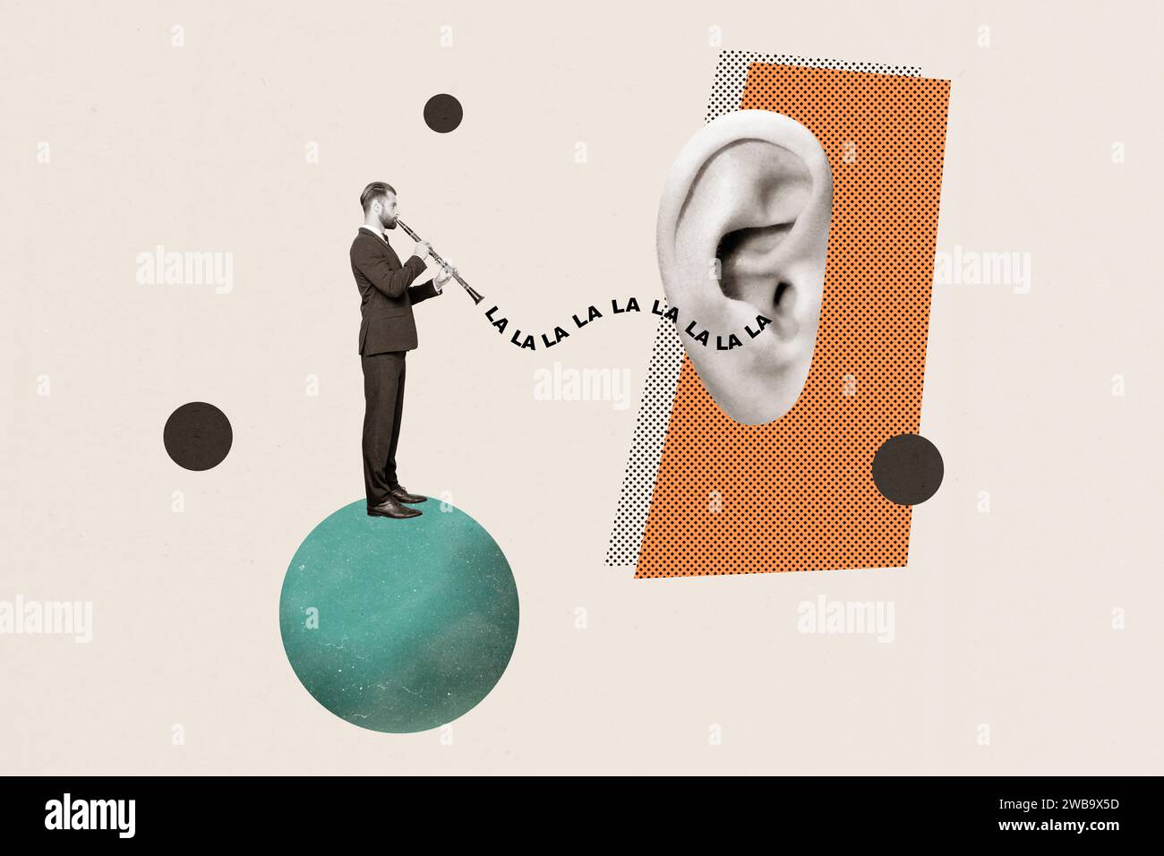 Horizontal photo collage of gentleman musician play flute into big ear ...