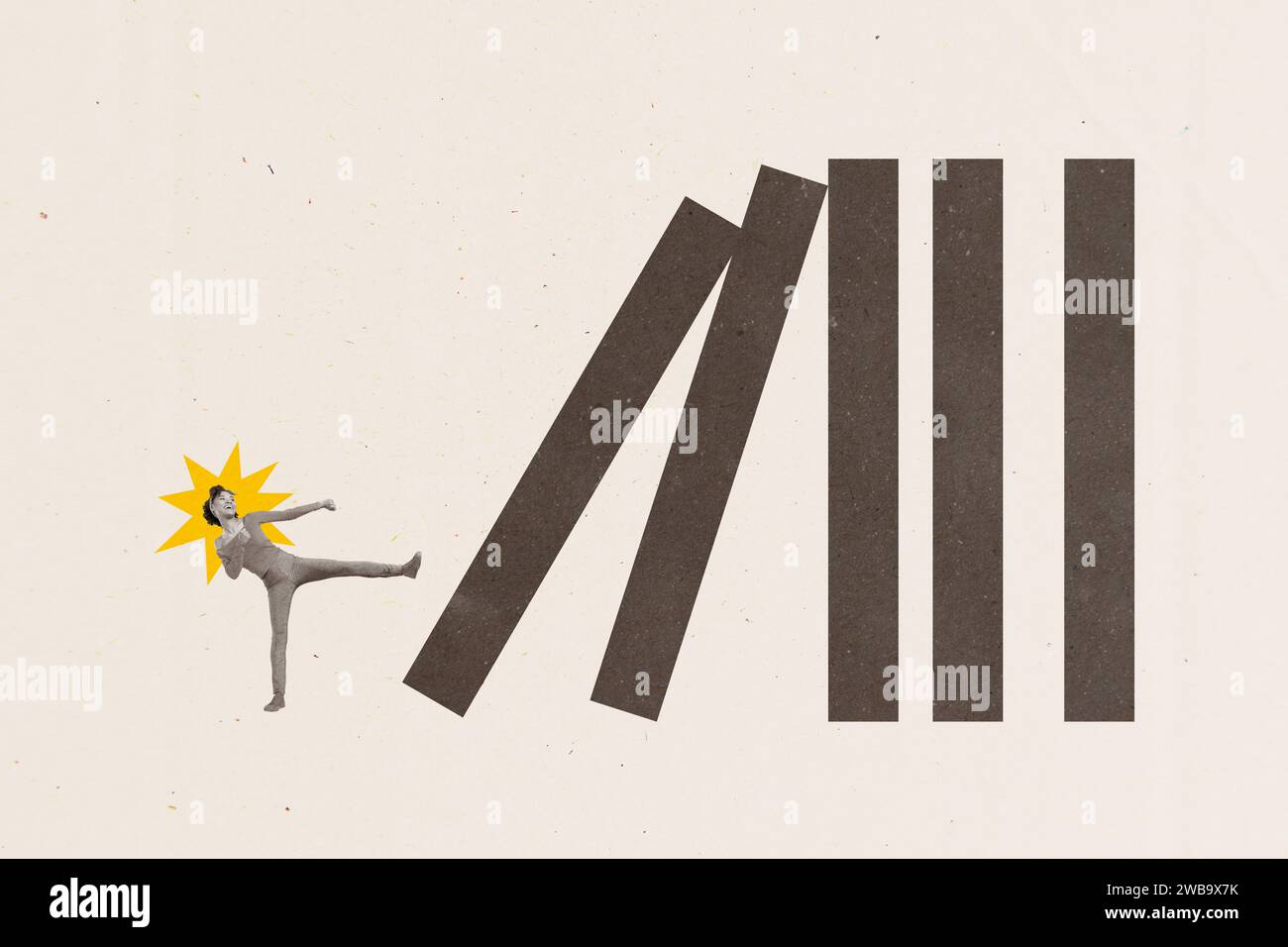 Horizontal creative photo collage of strong lady do box exercise kick ...