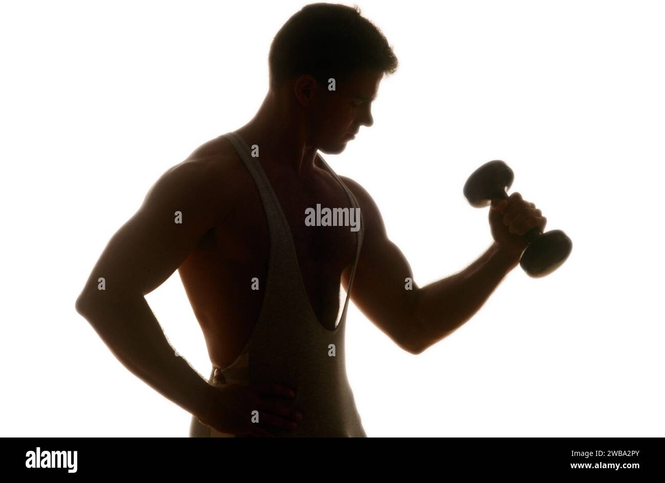 A silhouette photograph of a male bodybuilder lifting a hand weight ...