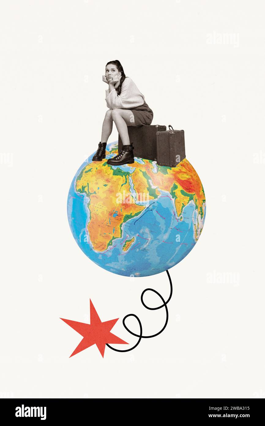 Creatve photo collage picture unhappy sad upset lady sitting luggage ...