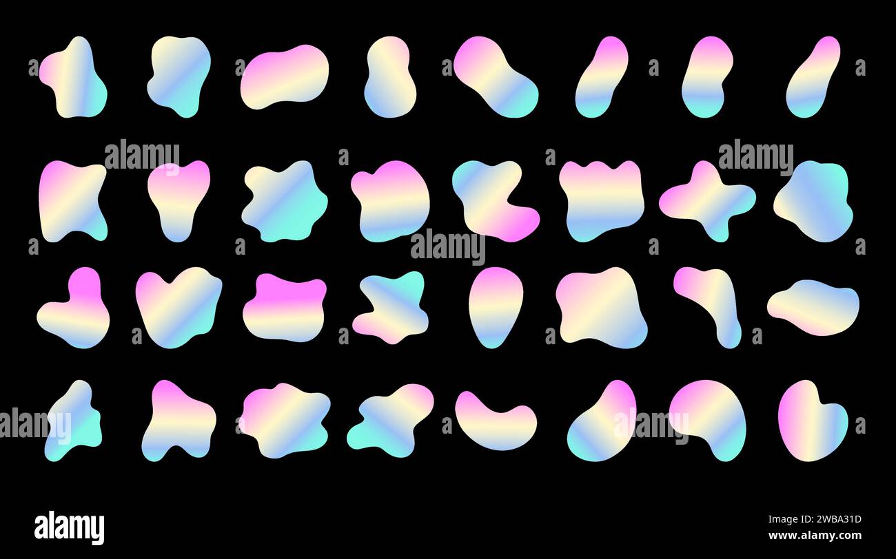 Vector icons of holographic abstract blob shapes. Set of colorful ...