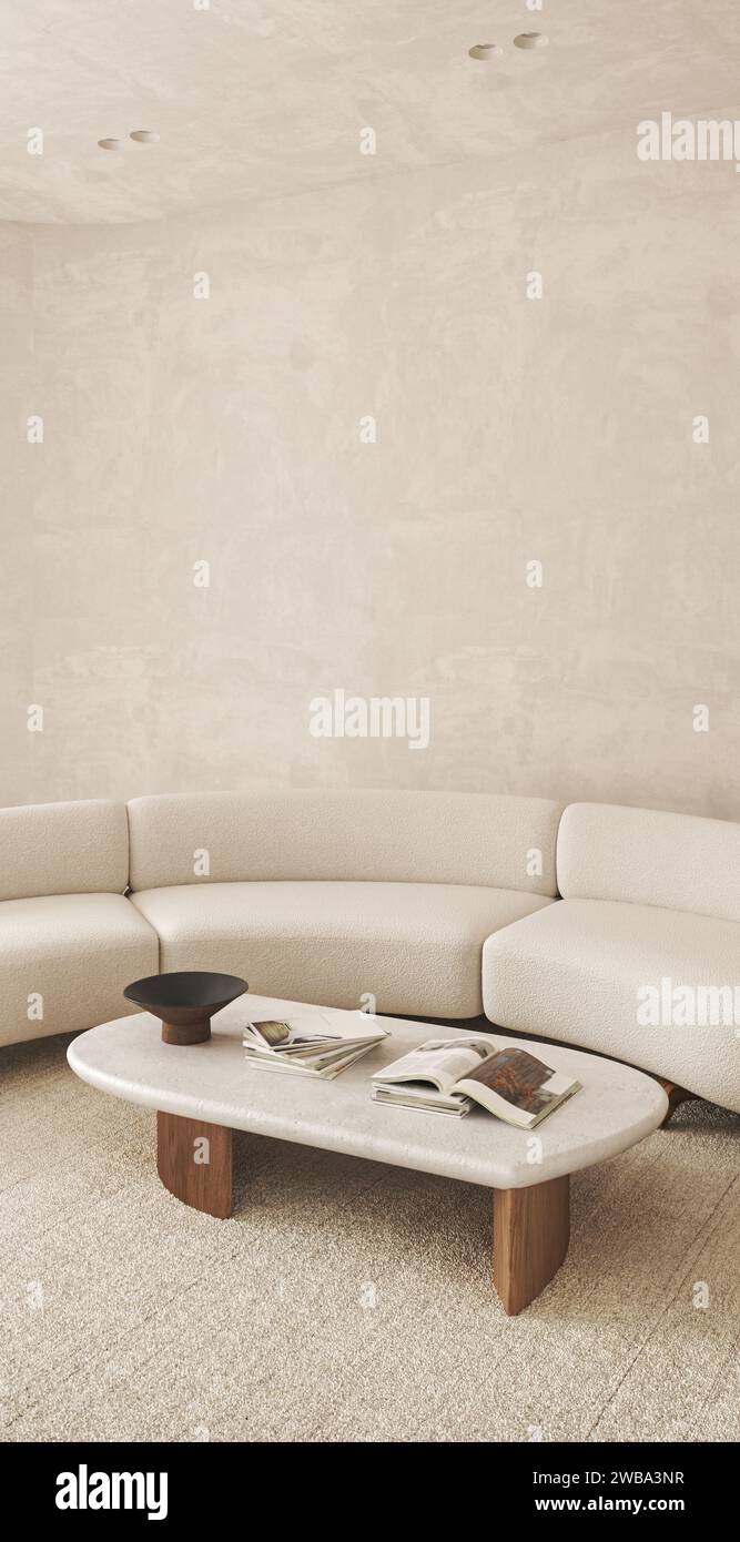 Spacious and serene living room with a stylish curved couch and ...