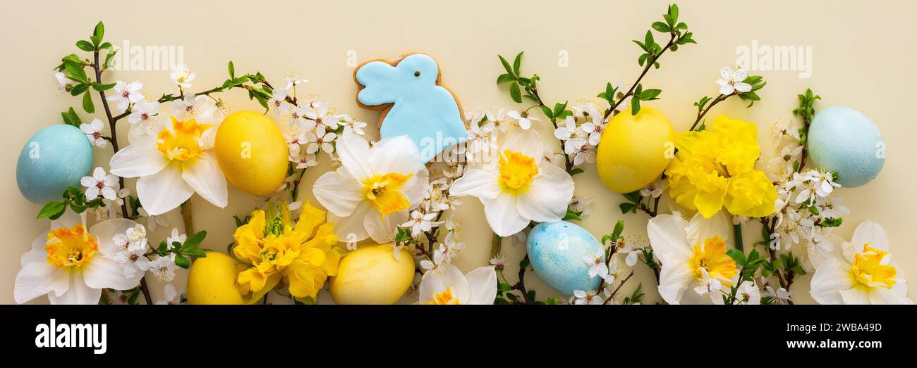 Festive banner with spring flowers and naturally colored eggs and ...