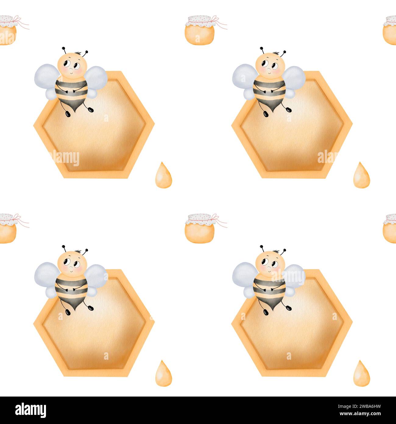 Watercolor adoreble bee and honeycomb, jar of honey and drops seamless ...