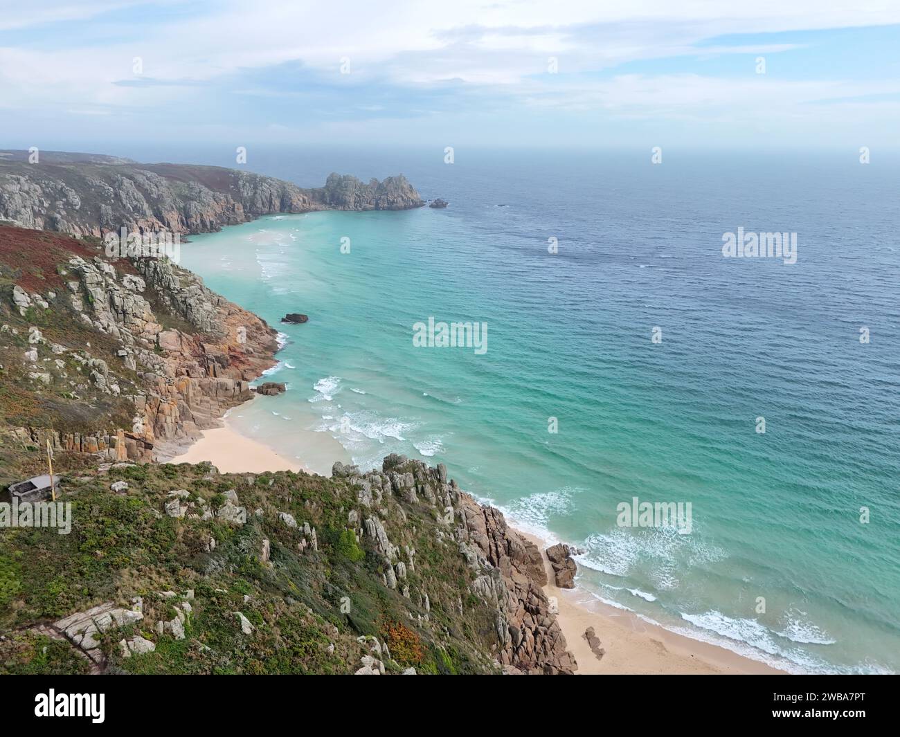 Porthcurno Beach Cornwall UK drone , aerial , view from air Stock Photo ...