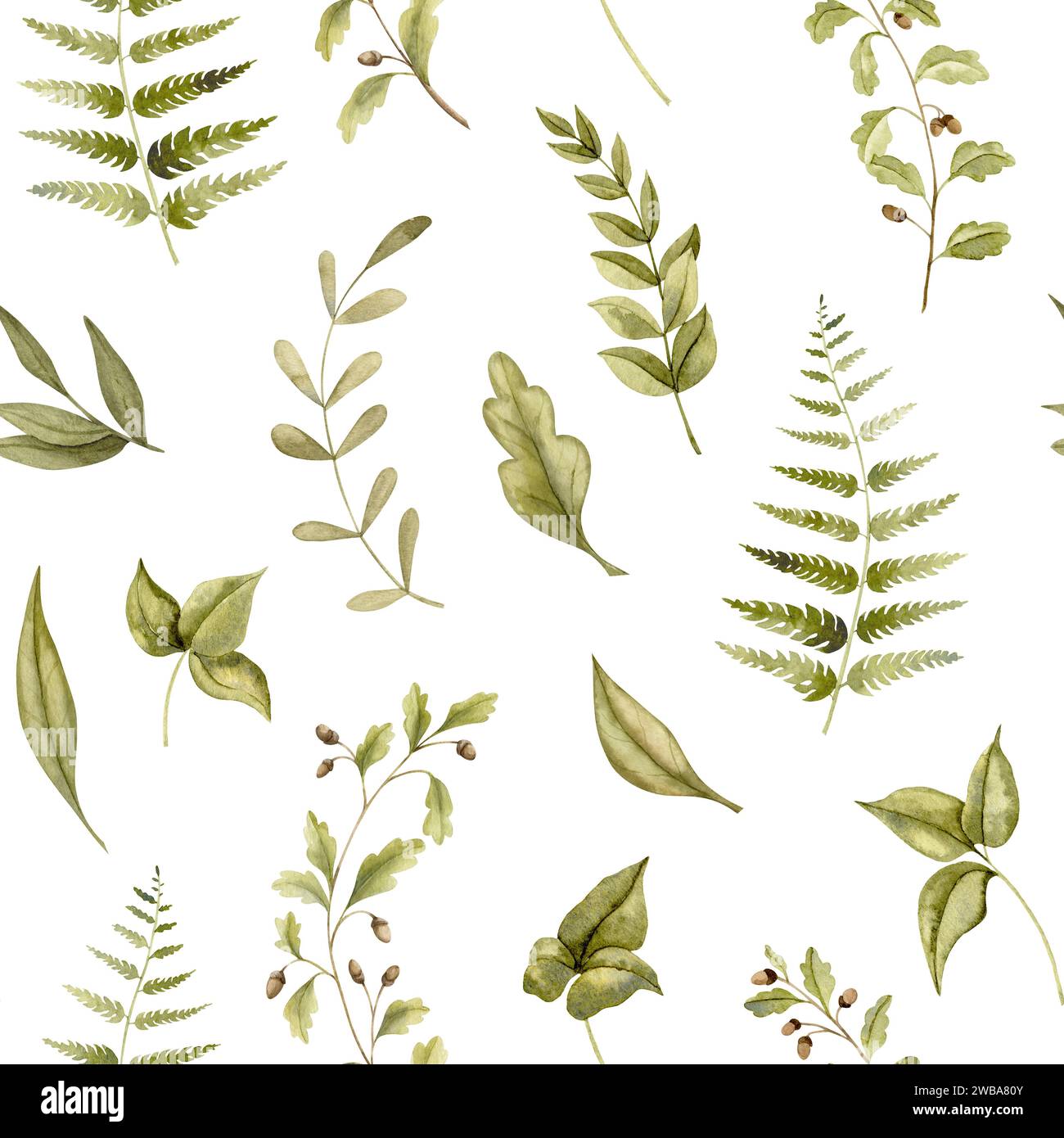 Seamless Forest Pattern with green plants. Watercolor woodland ...
