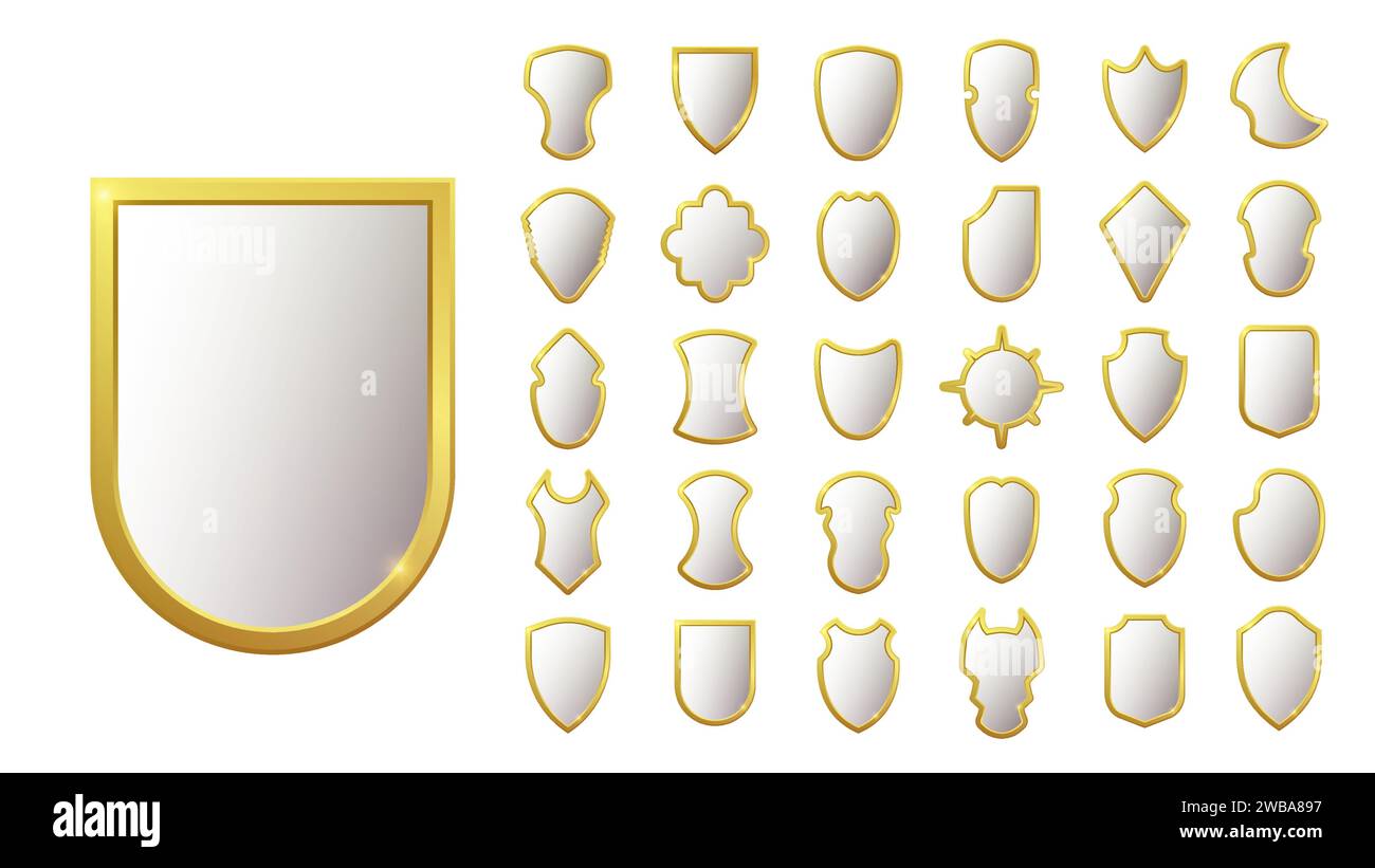 Set of realistic golden heraldic shields. Glass and glossy shield ...