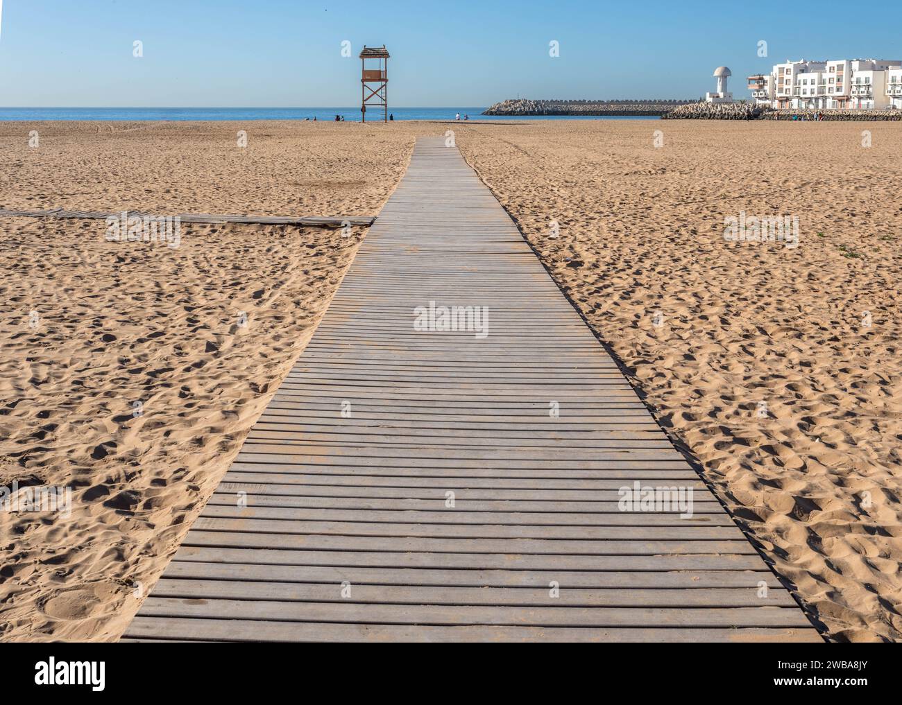 Wide-angle view of Agadir's sandy beach and the wooden lifeguard tower ...