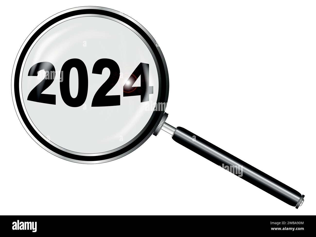 A magniying glass looking over 2024 set over a white background Stock ...
