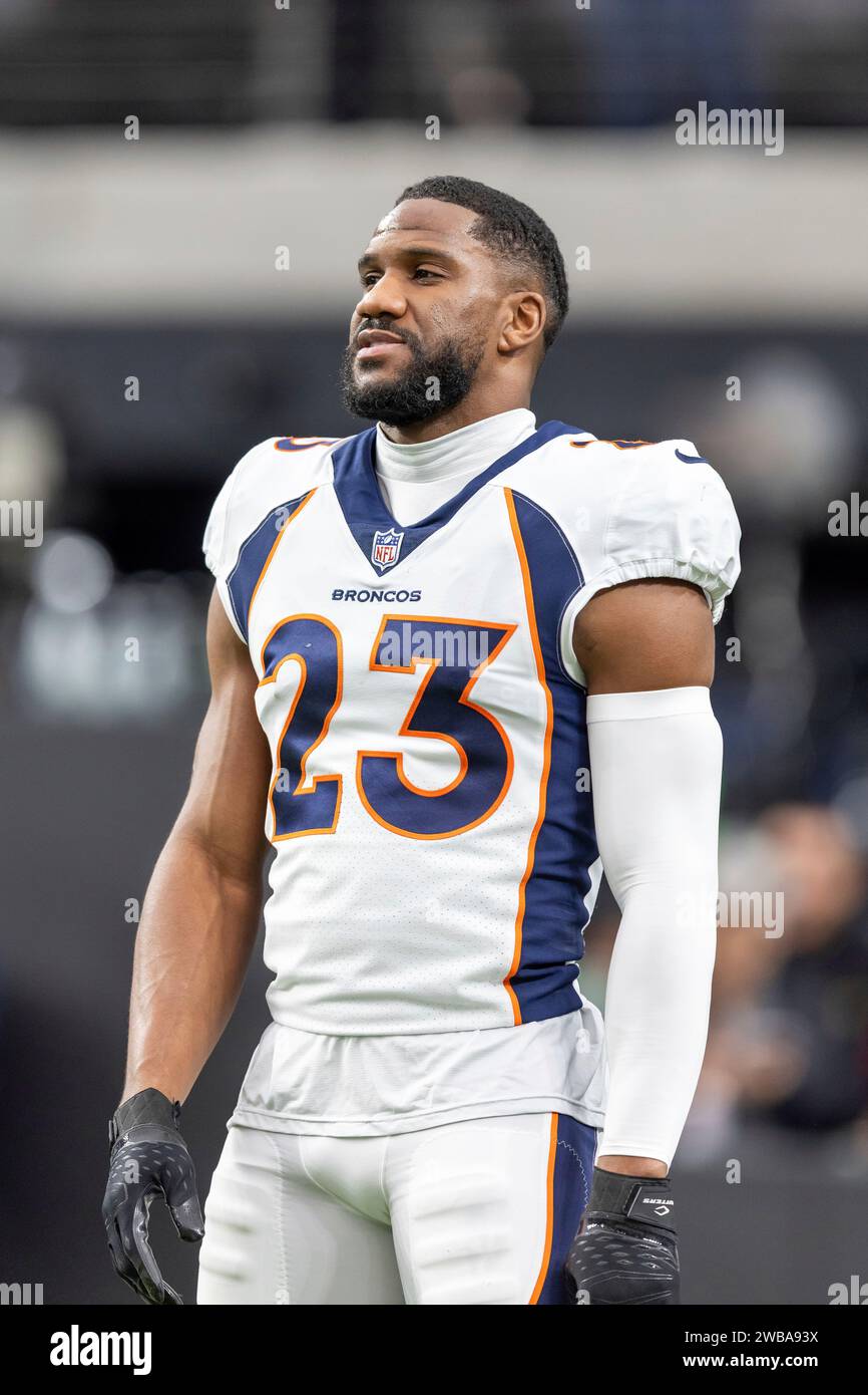 Denver Broncos cornerback Fabian Moreau (23) warms up before playing ...