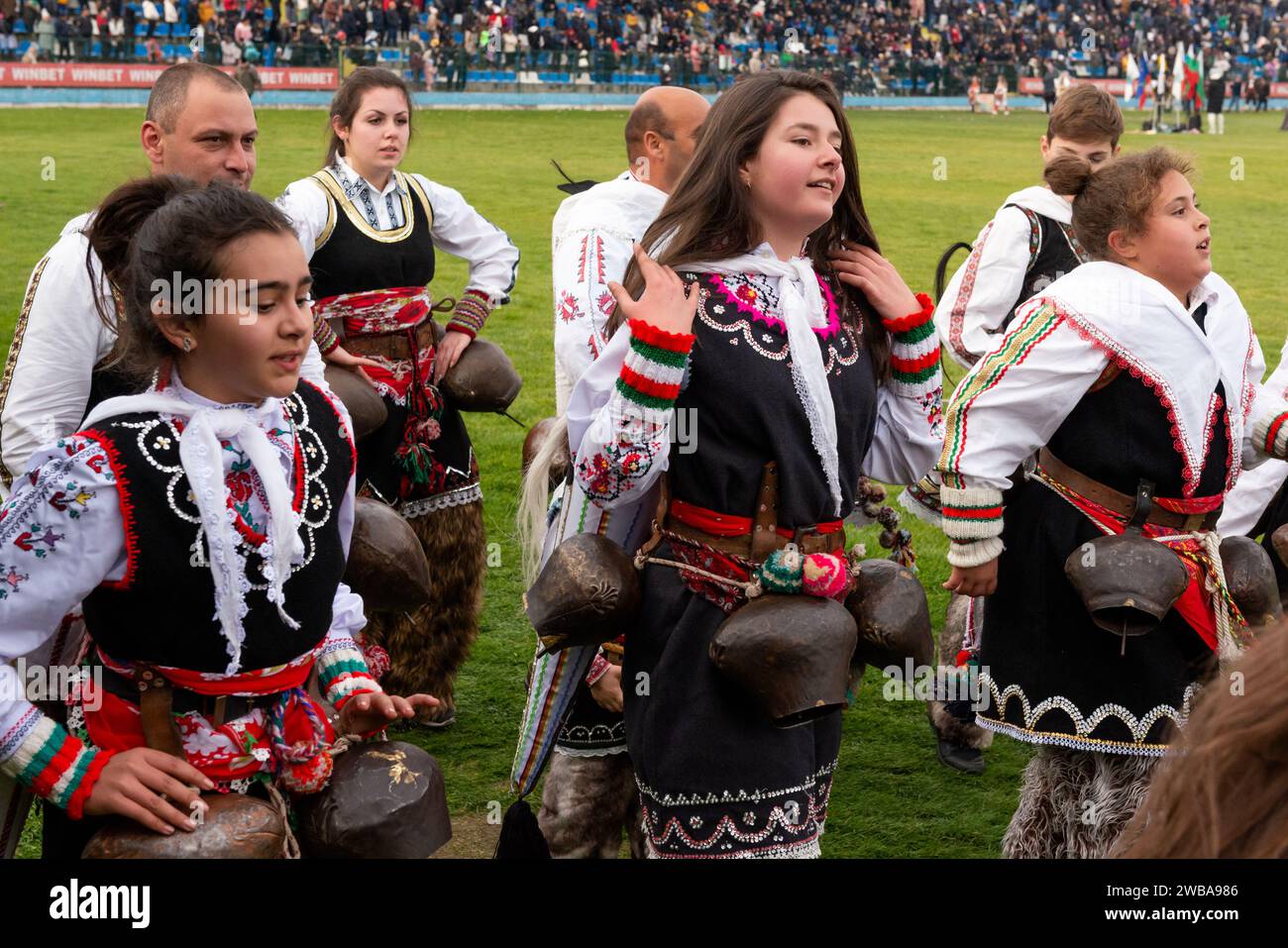 Unmasked Kukeri dancers from Central Bulgaria with intricate costumes ...