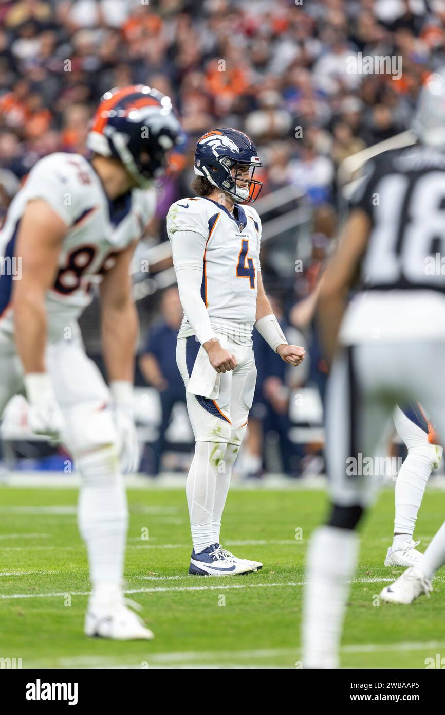 Denver Broncos quarterback Jarrett Stidham (4) against the Las Vegas Raiders in an NFL football ...