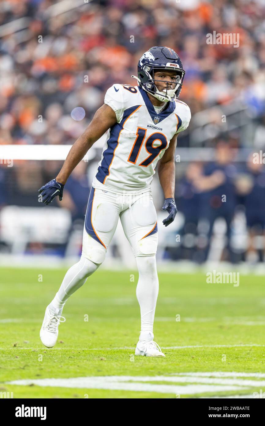 Denver Broncos wide receiver Marvin Mims, Jr. (19) against the Las Vegas Raiders in an NFL ...