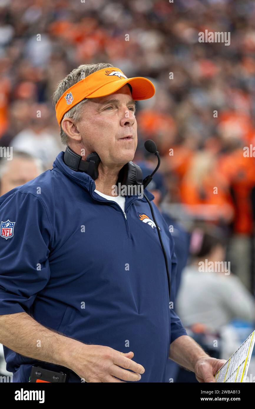 Denver Broncos head coach Sean Payton coaches against the Las Vegas ...