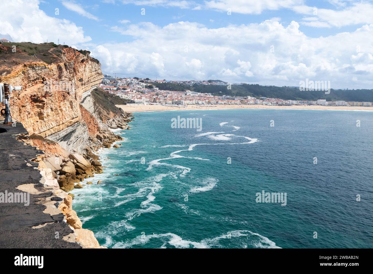 View of Nazare with the overhanging cliff edge at the sitio section of ...