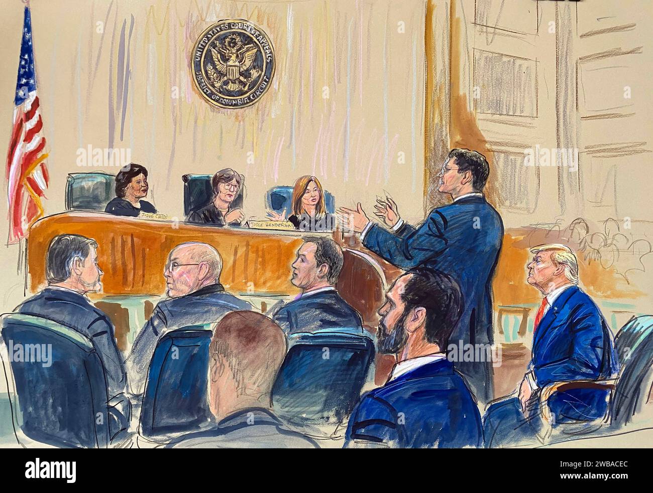 This artist sketch depicts former President Donald Trump, seated right ...