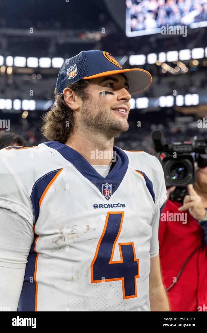 Denver Broncos quarterback Jarrett Stidham (4) after the Las Vegas Raiders 27-14 victory over ...