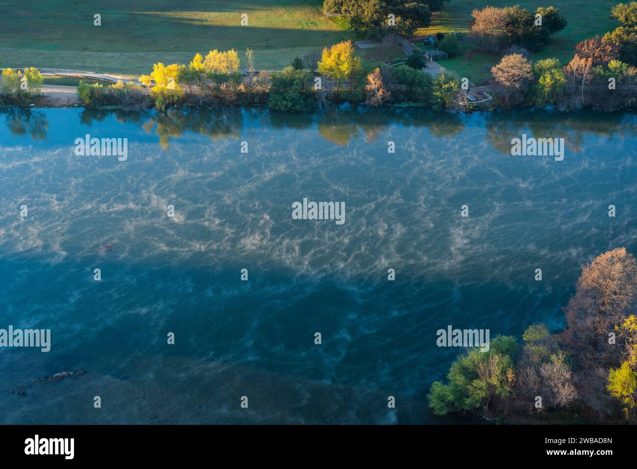 Mist rising on Ladybird Lake with fall foliage in Austin Texas Stock ...