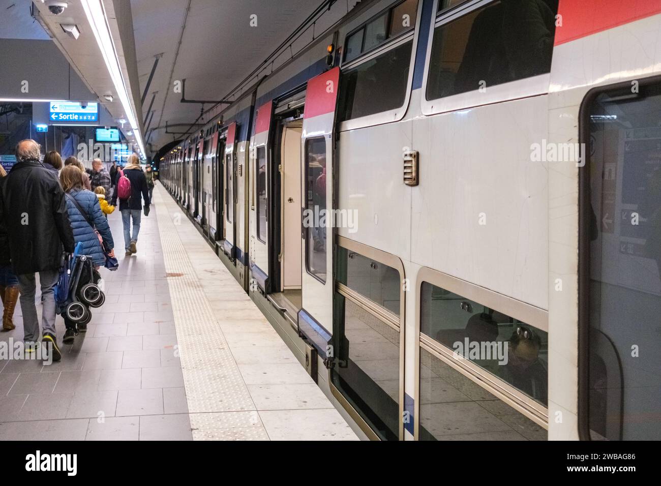 Paris, France - December 31, 2023: Car of a commuter RER train at a ...