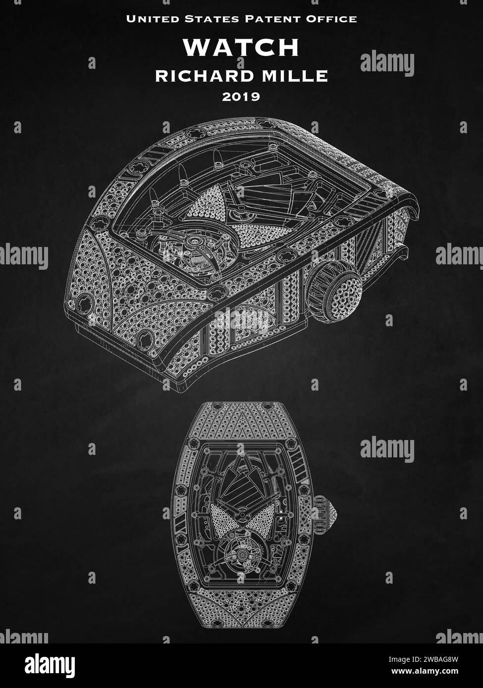 US patent office design for a luxury watch by Richard Mille on a black ...