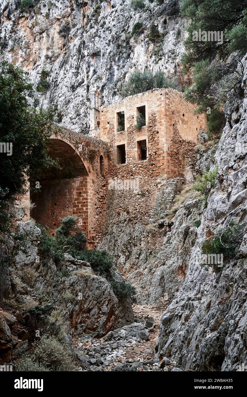 ruins of the historic Orthodox Katholiko monastery in the mountains on ...