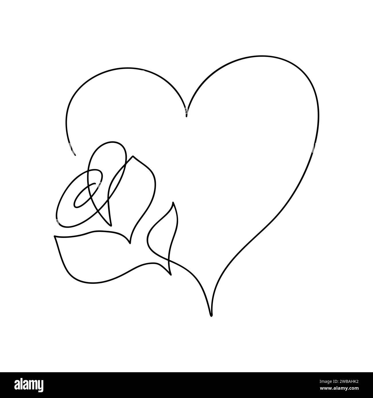 Hand drawn love heart with flower monoline vector logo one art line ...