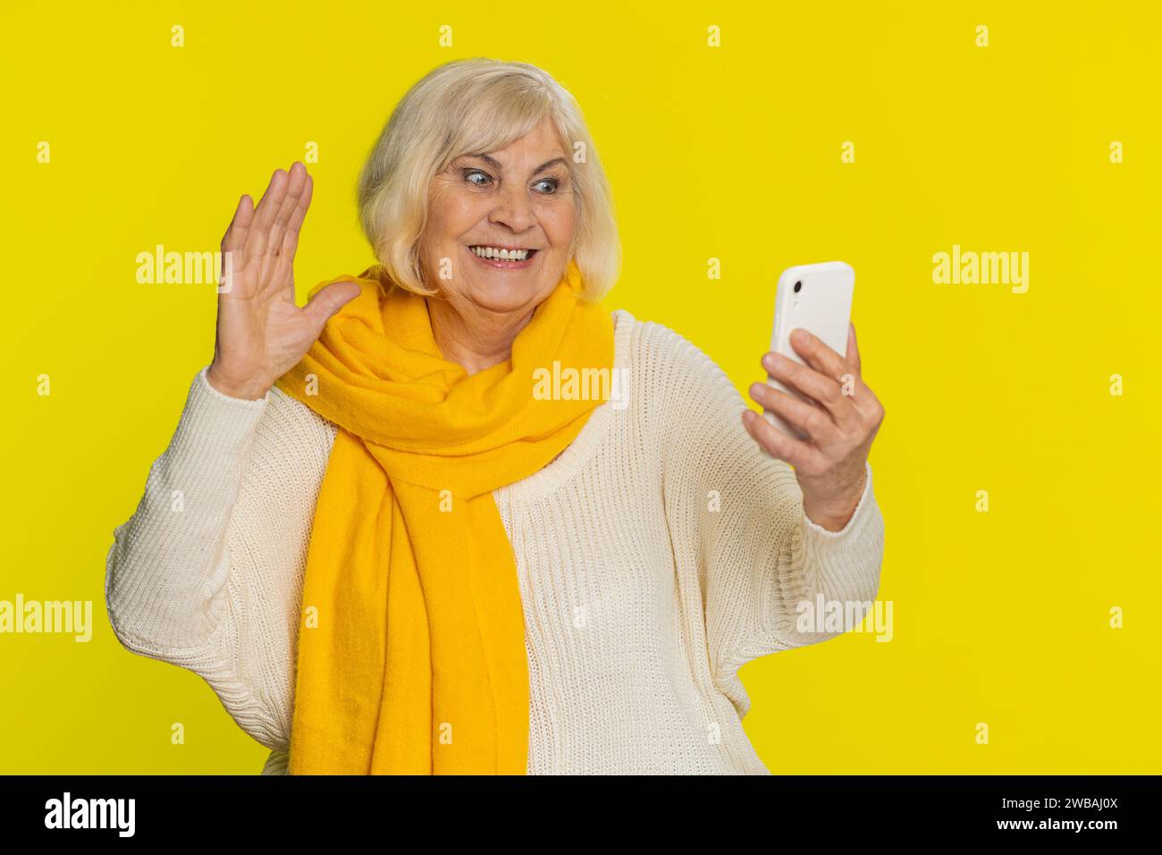 Happy senior old woman blogger influencer taking portrait selfie on ...