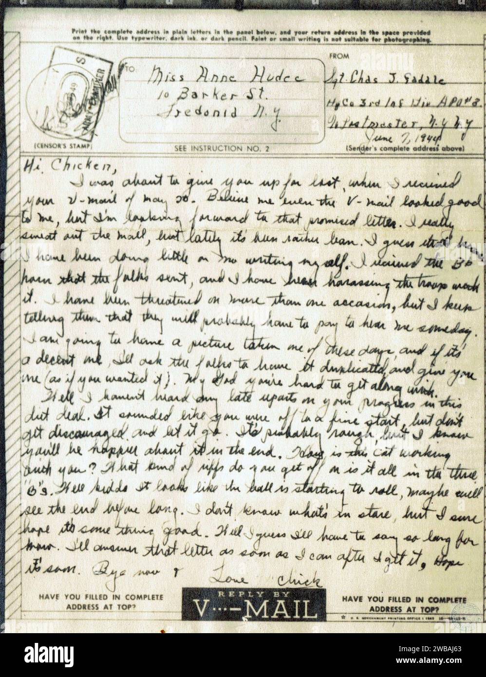 Lettre, V-mail, d'un soldat du Hq comp, 3rd infantry division, à sa ...