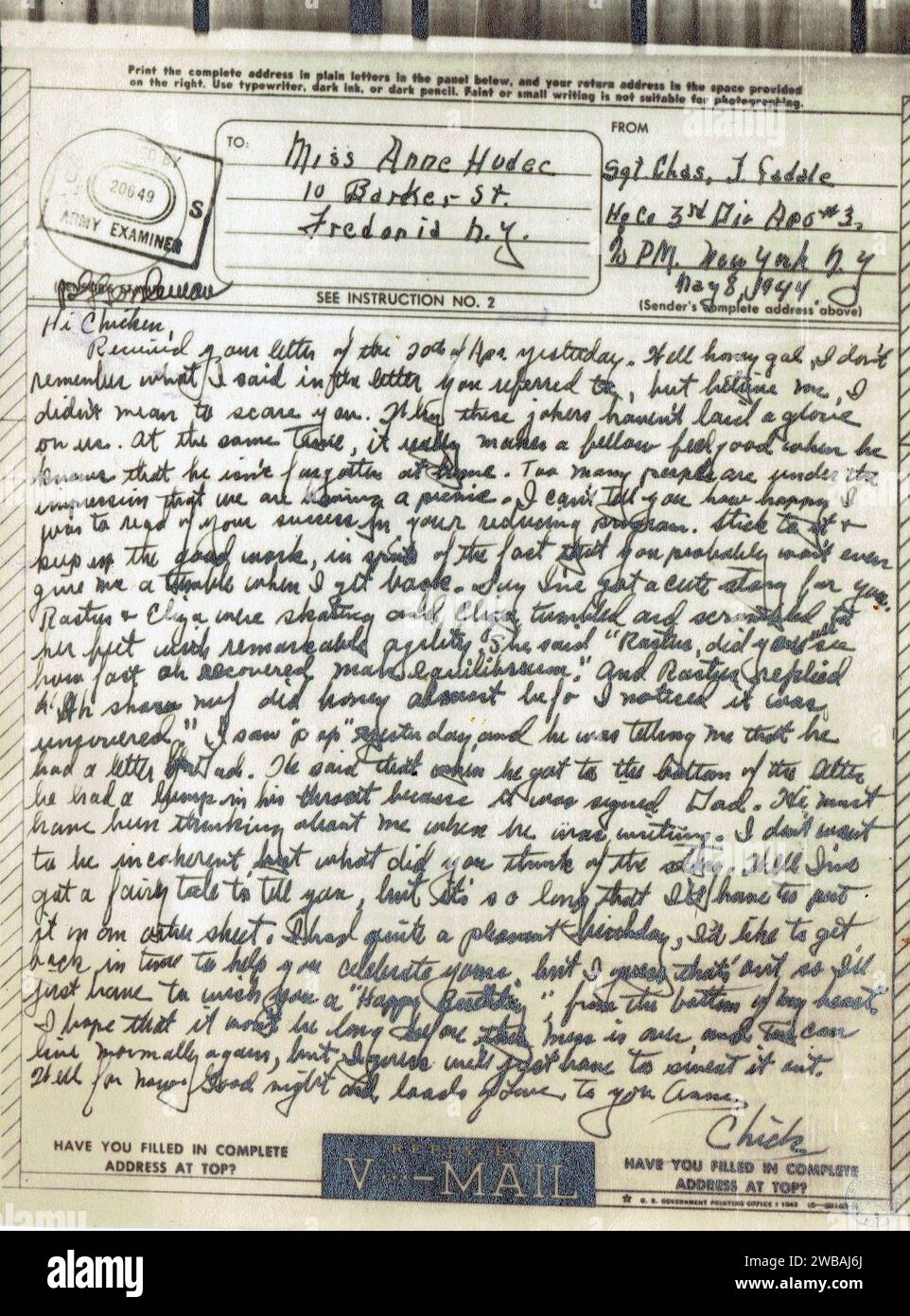 Lettre, V-mail, d'un soldat du Hq comp, 3rd infantry division, à sa ...