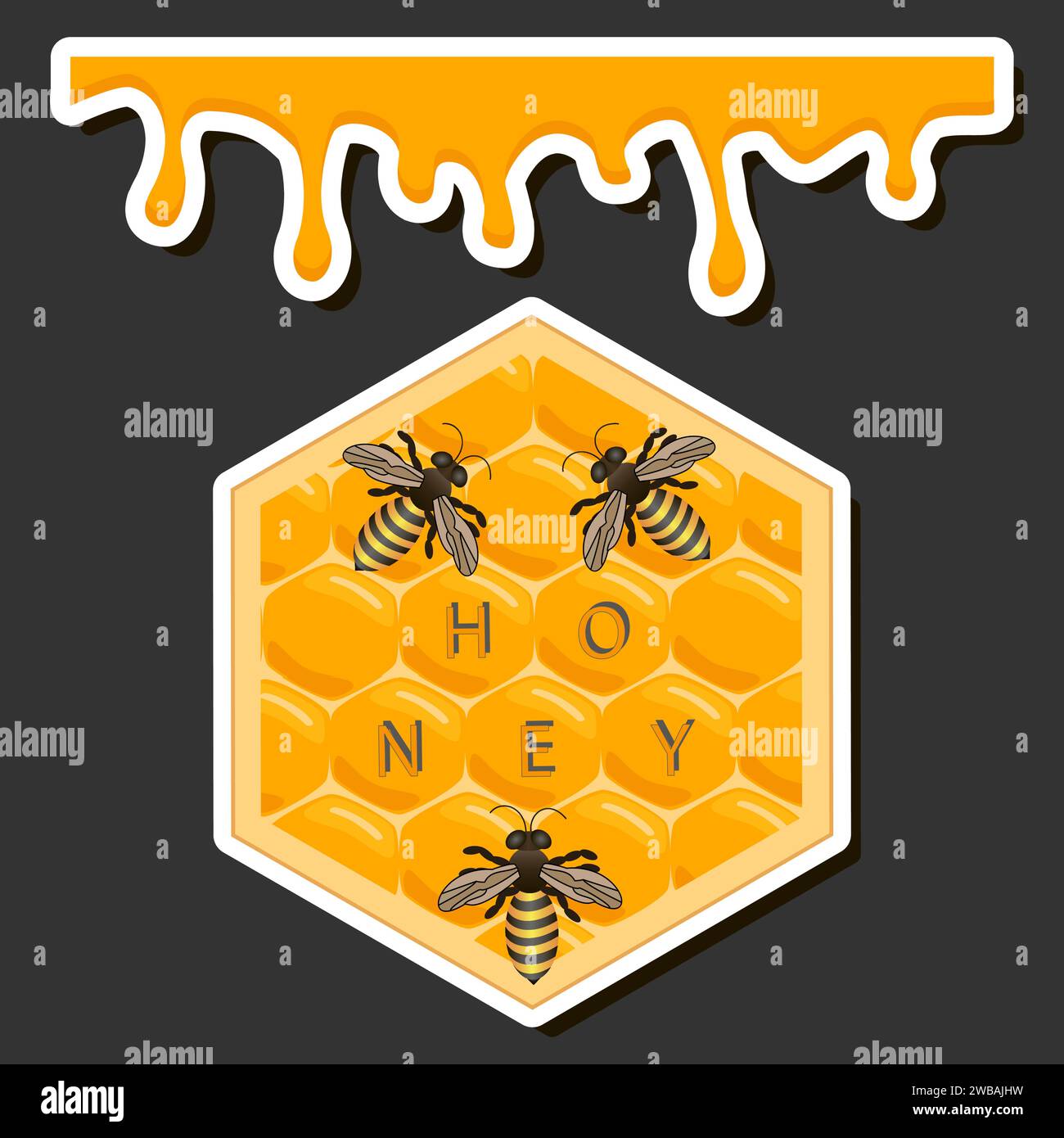 Drop of bee honey drip from hexagonal honeycombs filled with golden ...