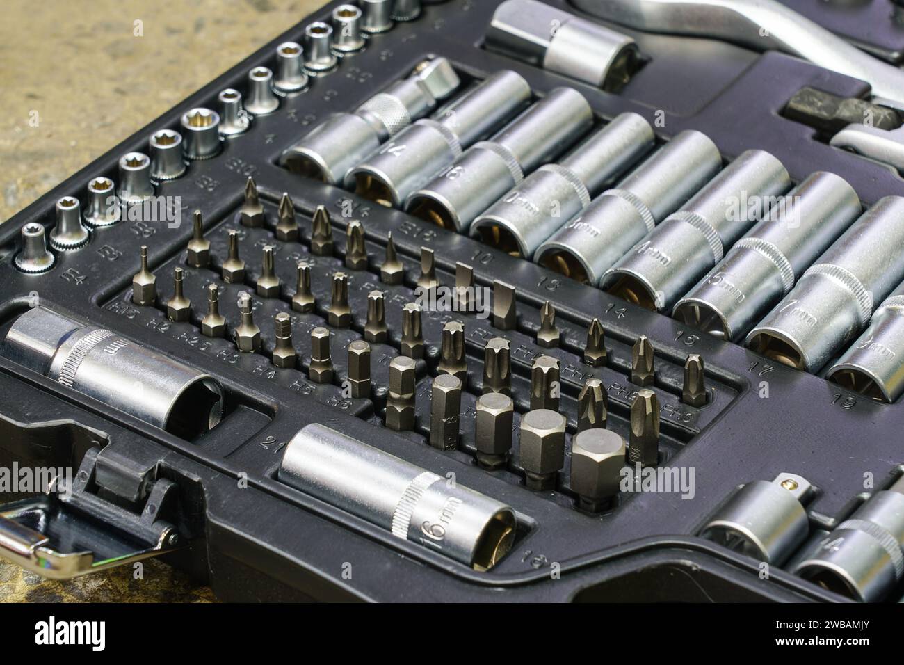 Tool box, tool kit closeup with set of hex, torx and screwdriver bits ...