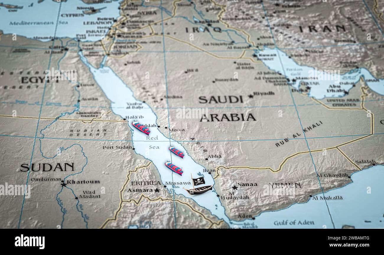 The Red Sea Region with cargo and pirate ships Stock Photo - Alamy