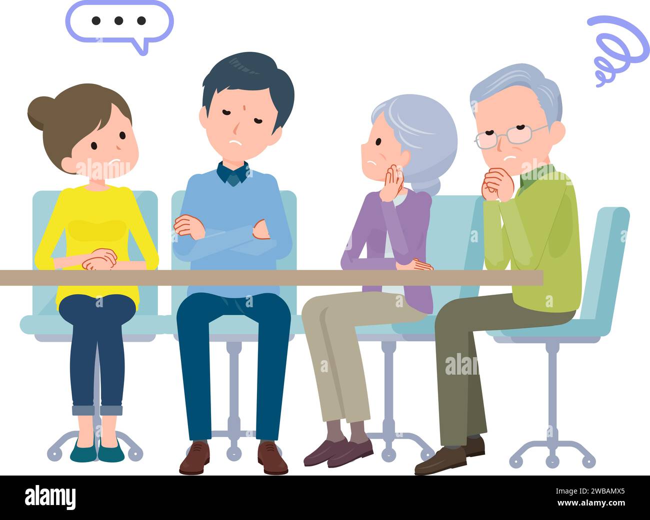 A scene where a couple and their parents are worried.Vector art that is ...