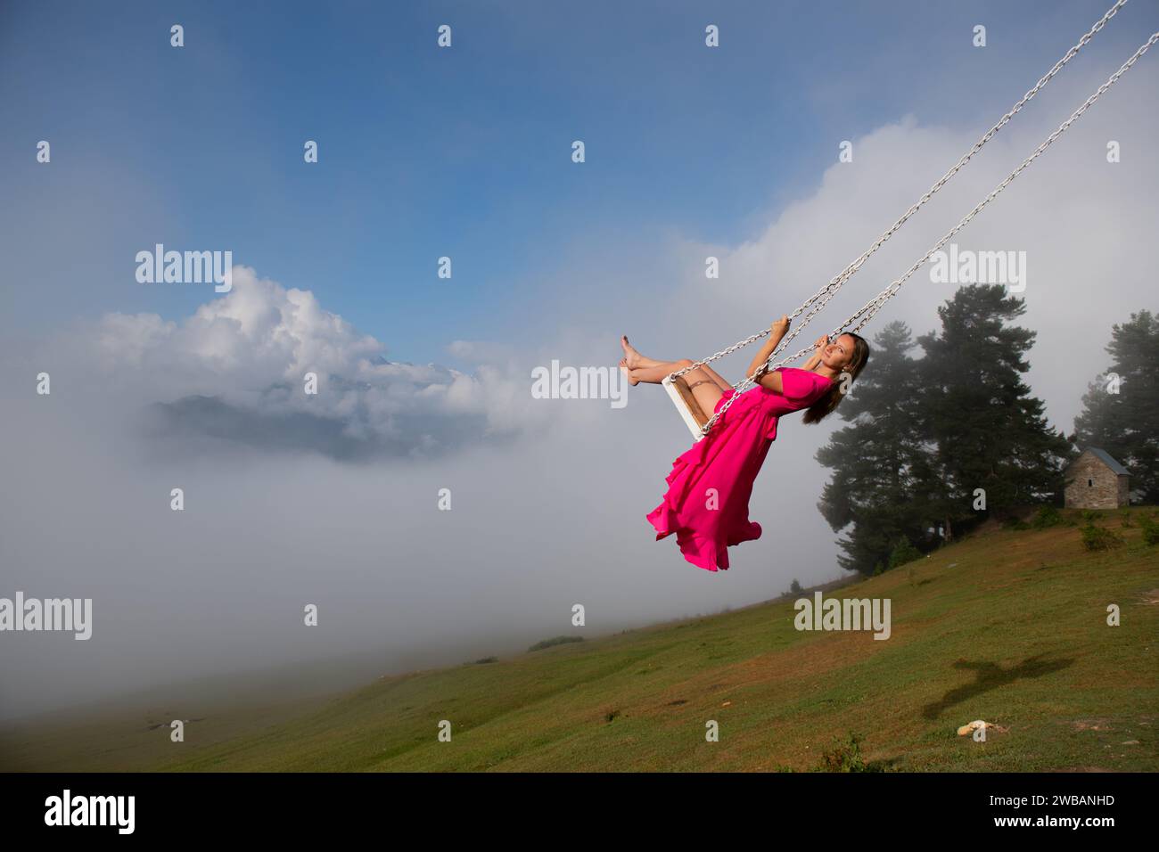 Enchanted swing carousel girl in a pink dress Stock Photo - Alamy
