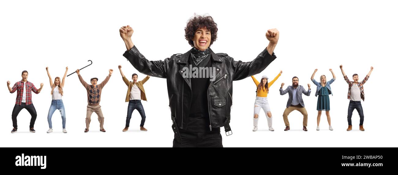 Happy guy in front of group of people cheering in the back isolated on ...
