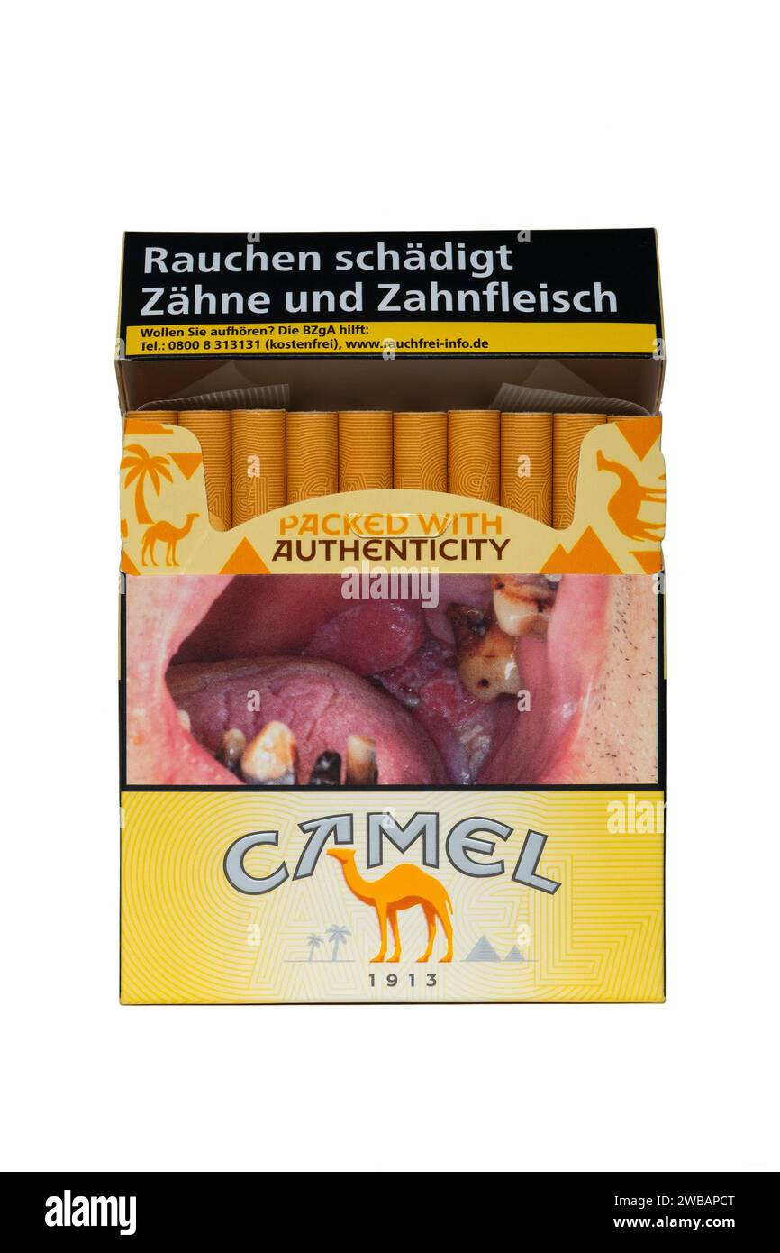 packet of fifty five german camel yellow cigarettes with graphic health ...