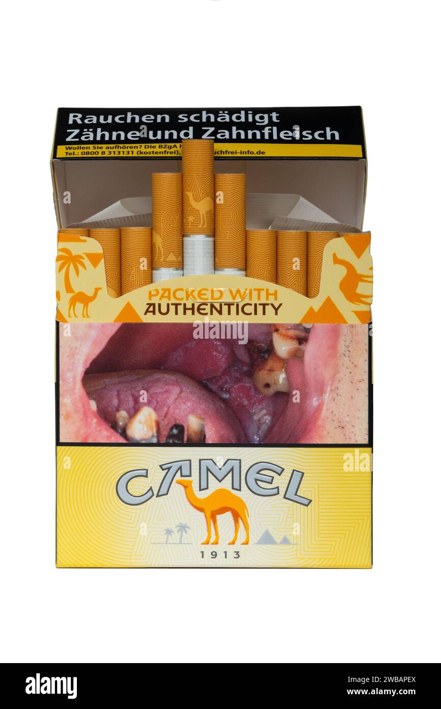 packet of fifty five german camel yellow cigarettes with graphic health ...